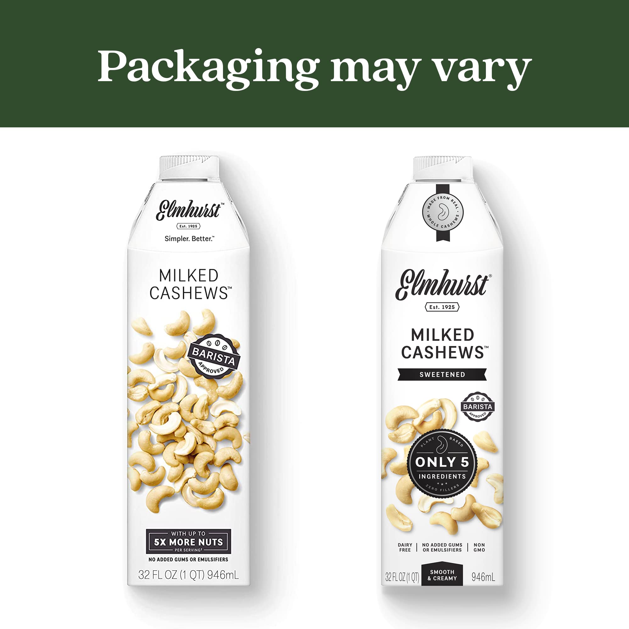 Elmhurst 1925 Milked Cashews Sweetened Cashew Milk, Plant-Based, Dairy Free, 32 Ounce (Pack of 6)