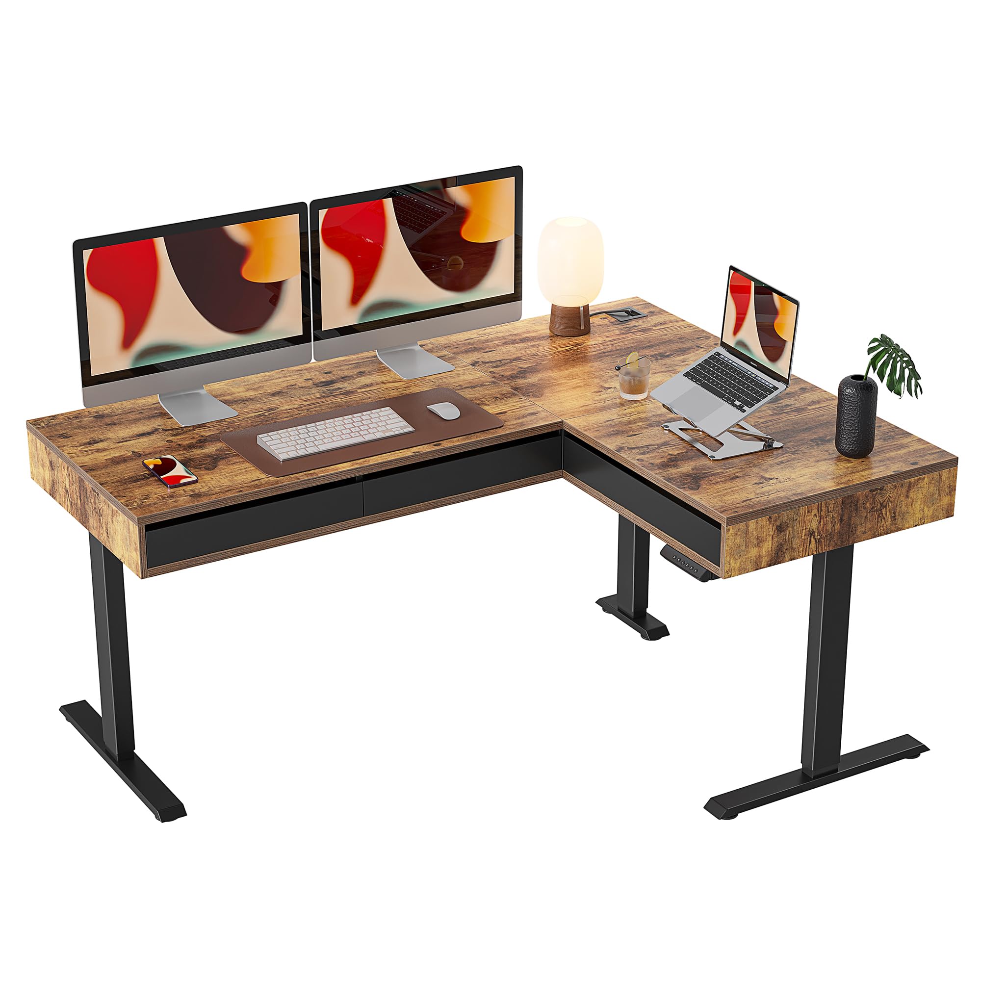 FEZIBO Whole-Piece L Shaped Standing Desk Adjustable Height with 3 Drawers, 63 x 48 Inches Adjustable Desk L Shape, Rustic Brown(2 Packages)