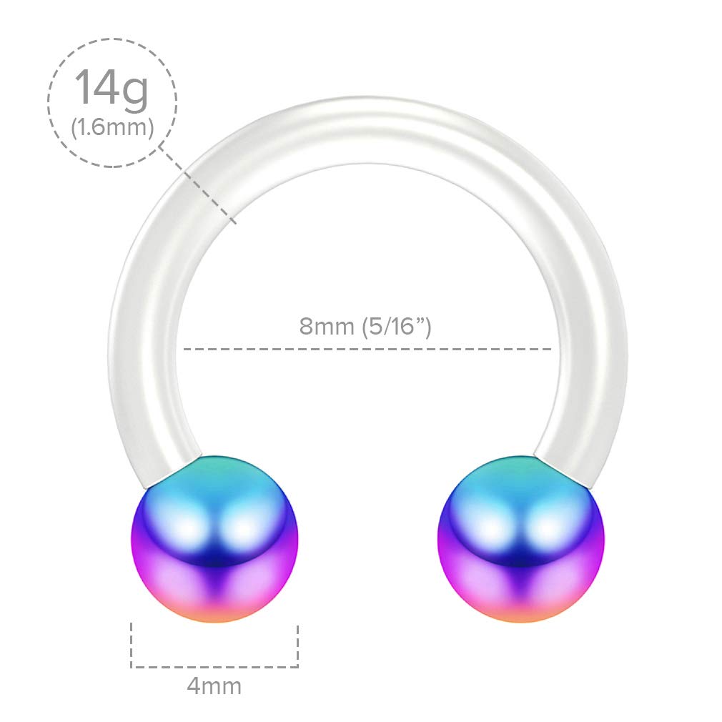 Evonix 2pc 14g Flexible Bioflex Circular Barbell Horseshoe Septum Ring Bioplast Piercing 8mm Rainbow Ball