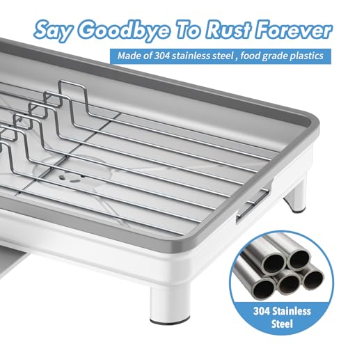 Ewaiira Dish Drying Rack, Dish Racks for Kitchen Counter, Anti-Rust Dish Dryer Rack with 360° Swivel Spout Drainboard Set, Utensil Holder and Cup Holder for Kitchen Countertop (White)