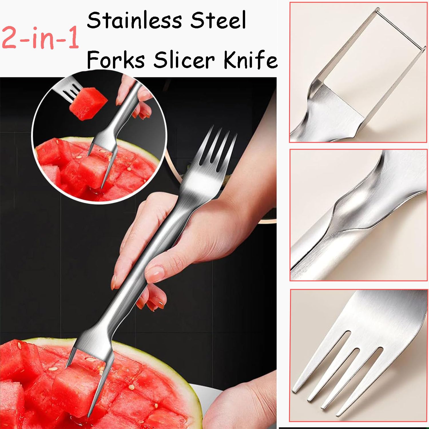 Lmuwecno 2-in-1 Stainless Steel Fruit Cutter, Watermelon Slicer Cutter, Watermelon Fork Slicer Cutter Slicer Tool, Dual Head Fruit Forks Slicer Knife for Home Kitchen Gadget, Silver