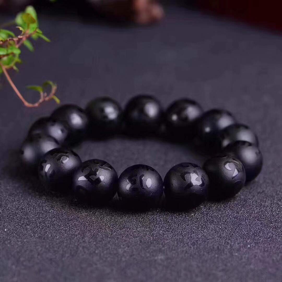 Feng Shui bracelet black obsidian 14mm Matte surface Hand Carved Mantra Bead Attract Good Luck Wealth and Prosperity Men Women Bangle