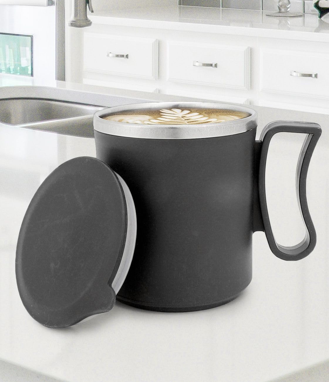 Dynore Stainless Steel Insulated 1 Pc Double Walled Plastic Covered Travel Tea/Coffee Mug with Lid- Black