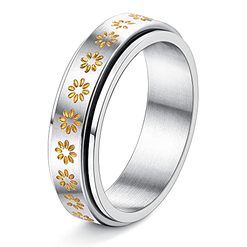 FIBO STEEL Stainless Steel Spinner Ring Fidget Band Rings for Women Men Flower Ring Set for Stress Relieving Wedding Promise Size 10