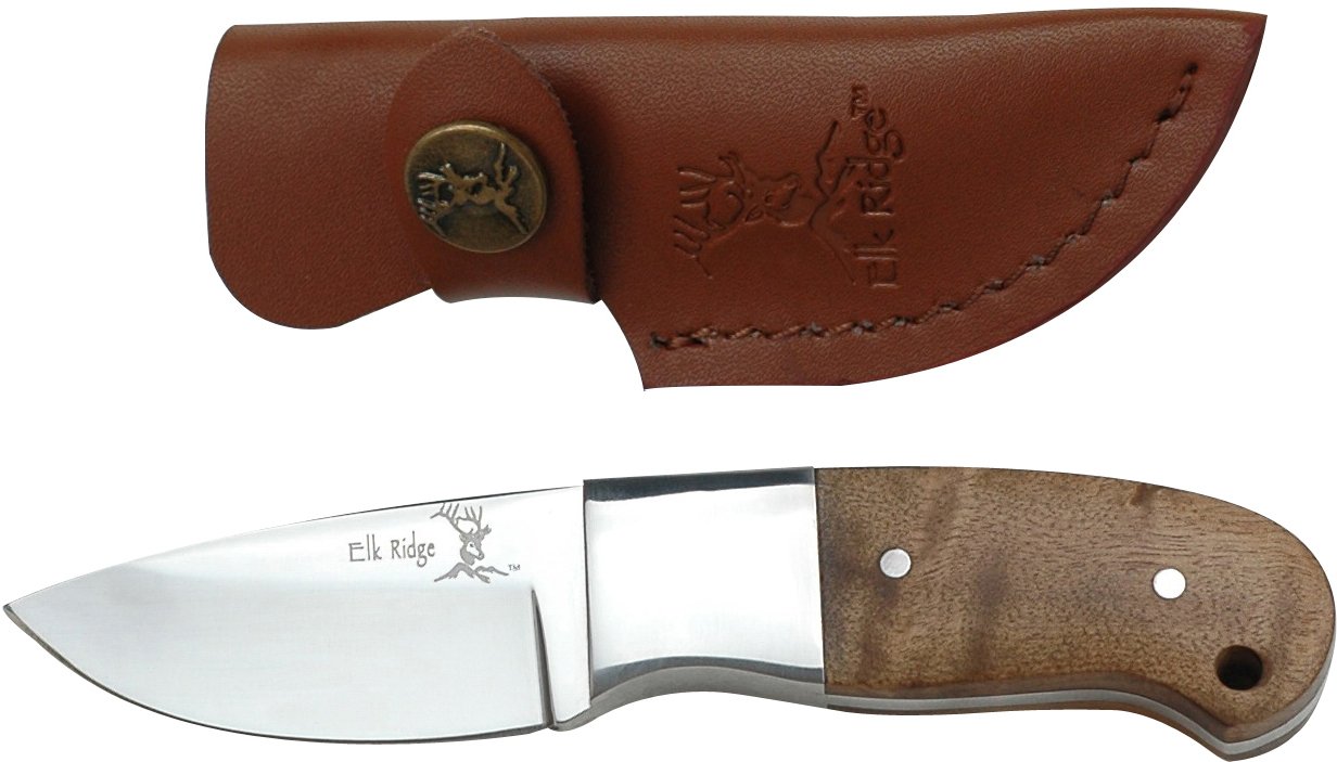 Elk Ridge - Outdoors Fixed Blade Knife - 5-in Overall, 440 Stainless Steel Mirror Polished Blade, Burl Wood Handle, Leather Sheath - Hunting, Camping, Survival, Everday - ER-111