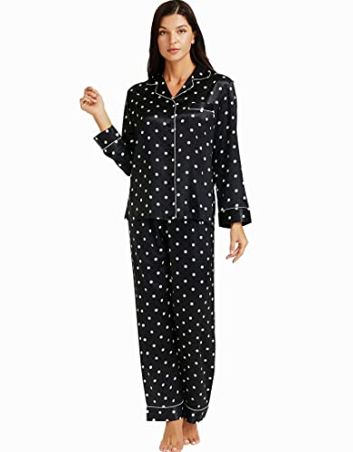 Womens Silk Satin Pajamas Set Sleepwear Loungewear Black XL
