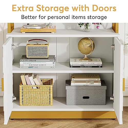 Tribesigns White and Gold Bookshelf with Doors: 70.9 Inches Tall Etagere Bookcase with 3 Shelves 2 Cabinets, Modern Open Display Book Shelves with Metal Frame for Living Room Bedroom Office