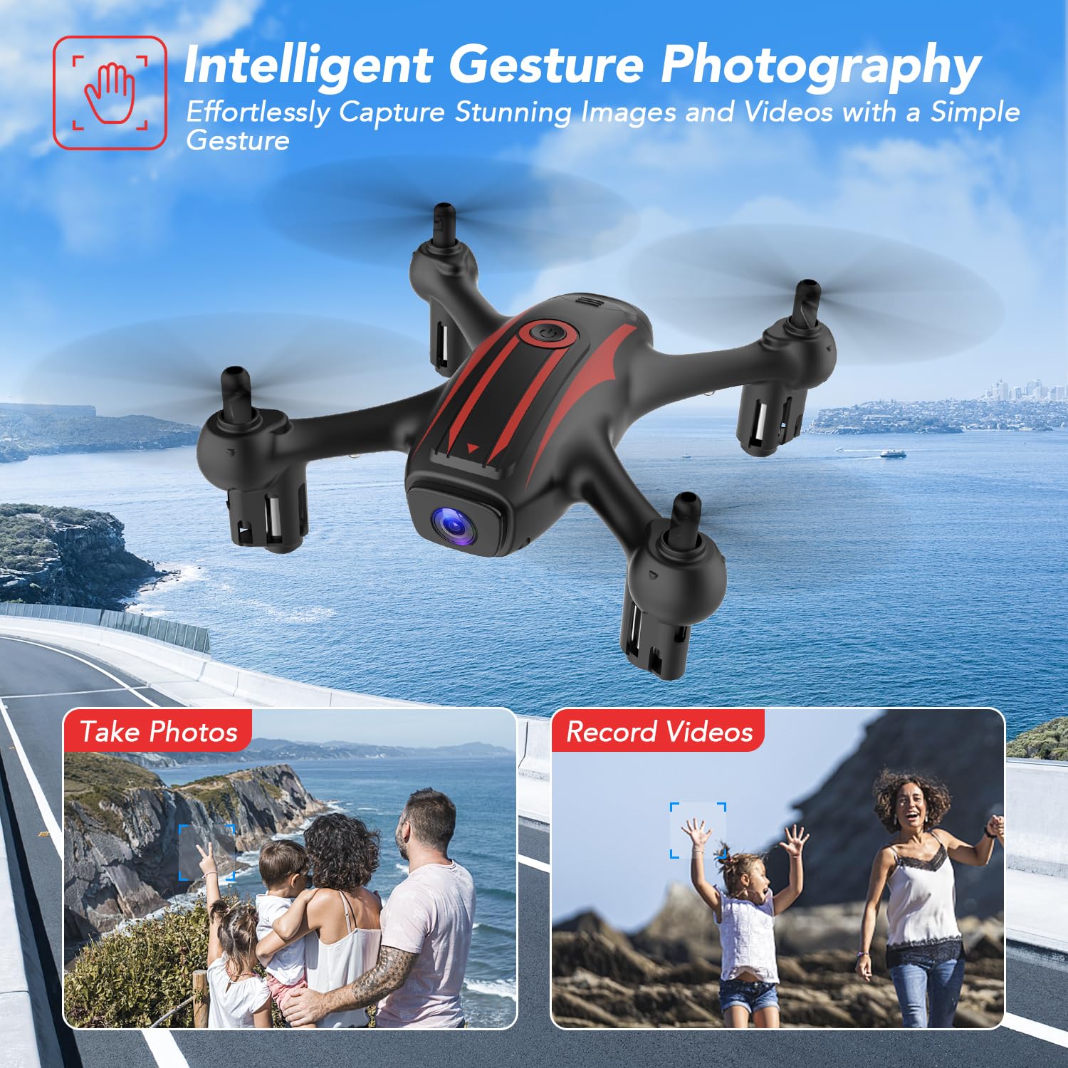 Elukiko Drone with Camera for Adults Kids, 1080P HD FPV WIFI Mini Drones, RC Quadcopter Helicopter with 2 Batteries, Throw to Go, High-Speed Rotation, 3D Flips, Waypoints Fly, Gravity Control, Gesture