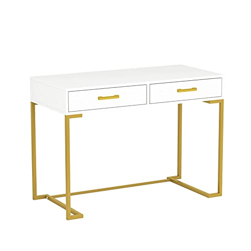 Tribesigns White and Gold Desk with 2 Drawers, White Writing Desk, 40 Inches Computer Desk, Simple and Modern Desk
