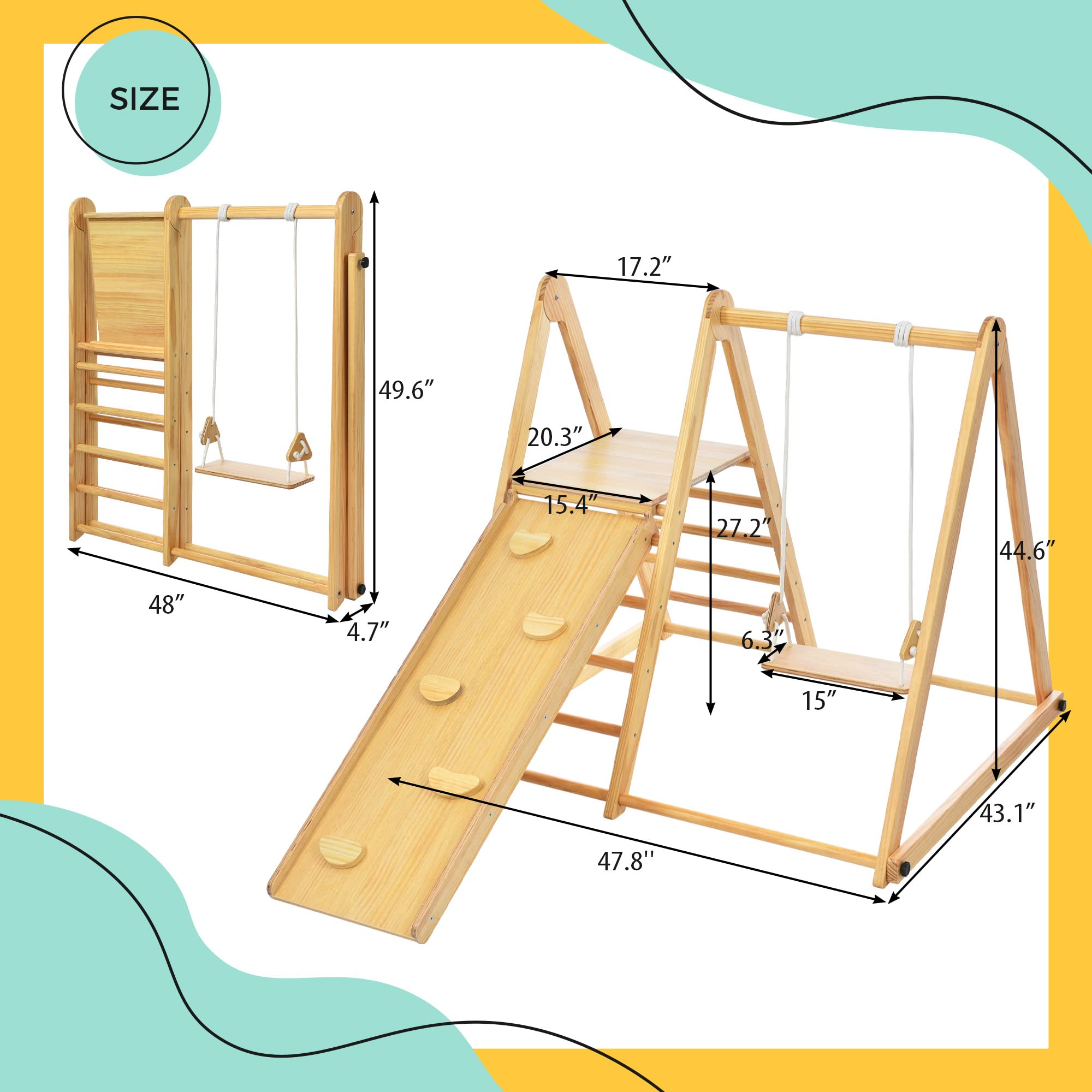 Merax 7-in-1 Swedish Ladder, Multifunctional Wall Bar for Kids, Indoor Climbing, Slide, Swing, for Toddlers 3+