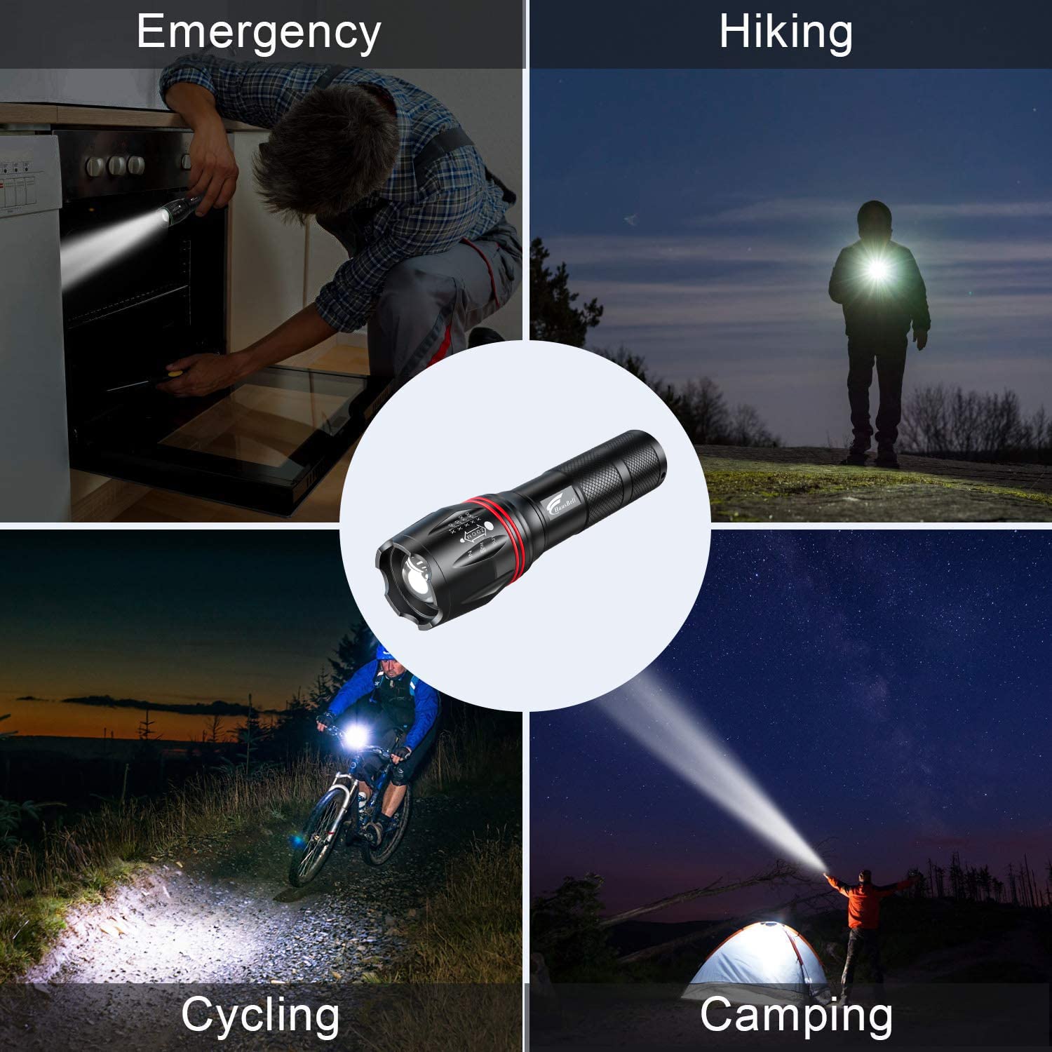 HAUSBELL LED Flashlight 2Pack High Lumens,Bright, Zoomable, Waterproof, Powerful, Emergency Tactical A100 LED Flashlights for Home and 5 Modes, Flashlight for Camping Gear、Hiking、Walking(2Pack)