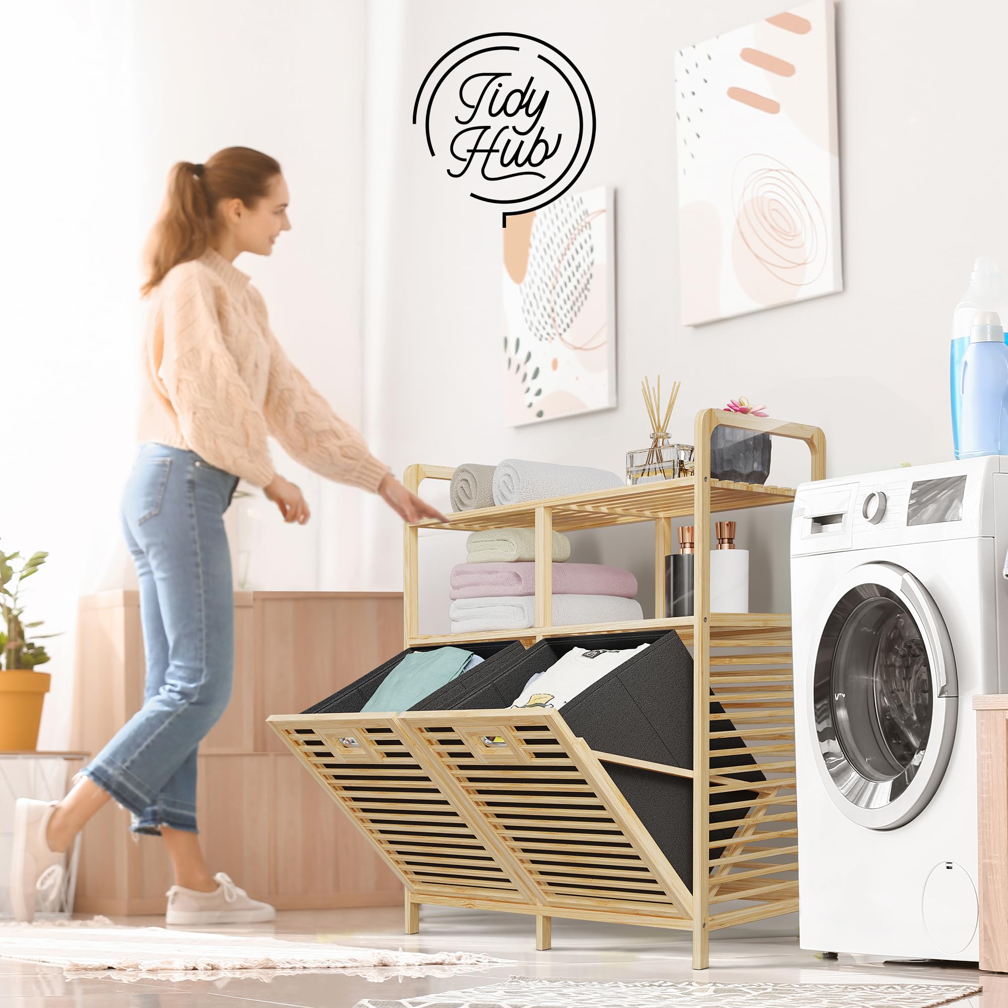 TidyHub Double Tilt Out Laundry Hamper with Shelf - Durable Bamboo Hamper with 2 Removable Laundry Liner Fabrics, Easy Grab Handle & Manual - Pull Out Laundry Hamper Cabinet for Clothes Towels Toys