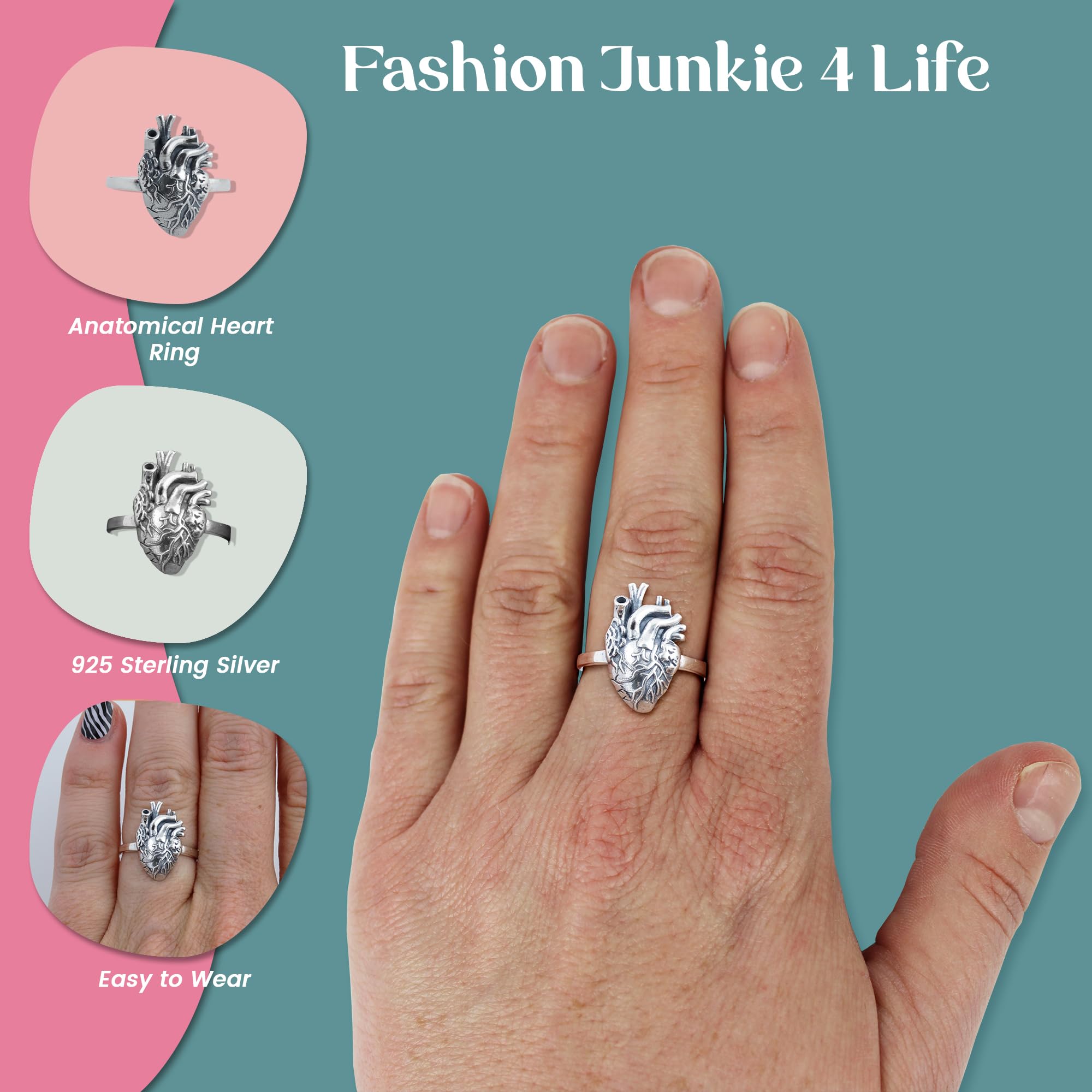 FashionJunkie4Life Anatomical Heart Ring - 925 Sterling Silver, Sizes 6-10, Lifelike Real Heart (9)
