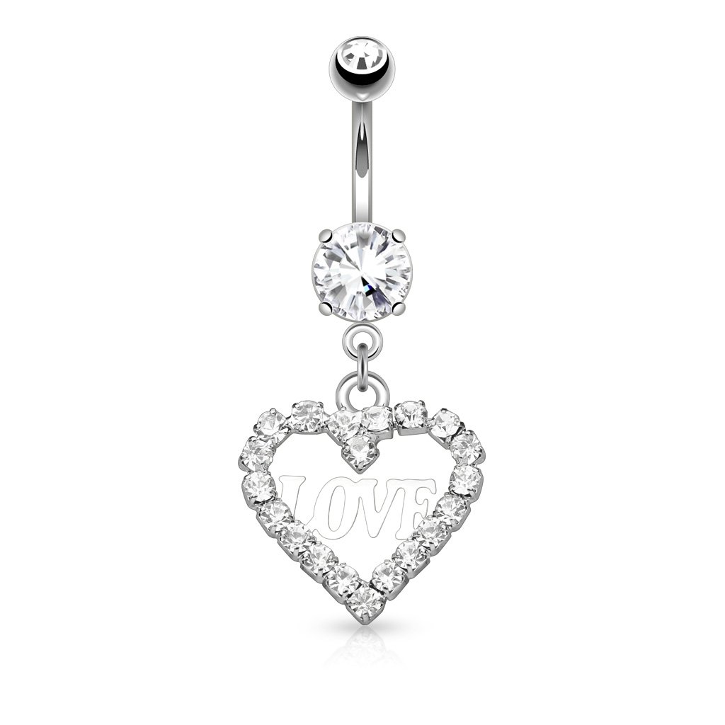Dynamique Crystal Paved Hollow Heart Dangle 316L Surgical Steel Belly Button Navel Ring (Sold Per Piece)