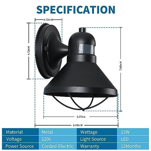 LONEDRUID 2 Pack Motion Sensor Outdoor LED Wall Light Dusk to Dawn Exterior Sconce Lighting Fixture Waterproof Wall Mount Barn Lamp Black Outside Lantern for House Porch Garage Farmhouse