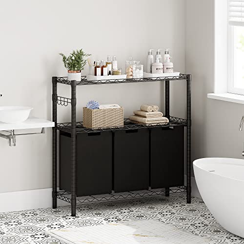 Laundry Sorters with 3 X 45L Pull-Out & Removable Laundry Bags, 2 Tier Adjustable Metal Storage Shelf, Oxford Fabric Laundry Baskets, Black