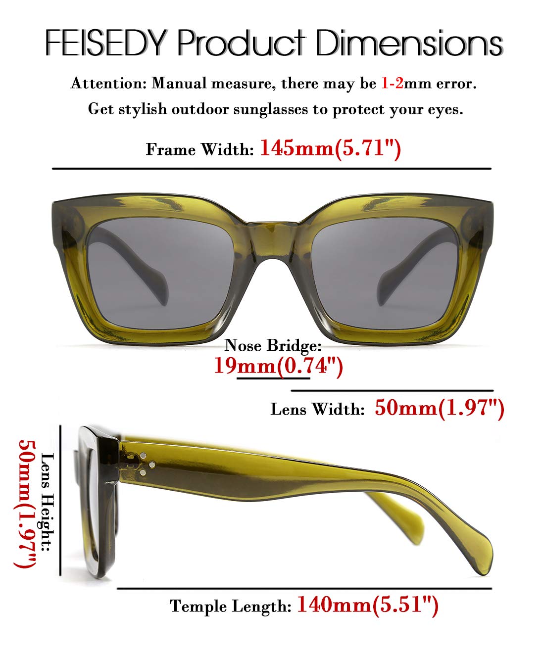FEISEDY Classic Women Sunglasses Fashion Thick Square Sun Glasses Chunky Frame UV400 B2471
