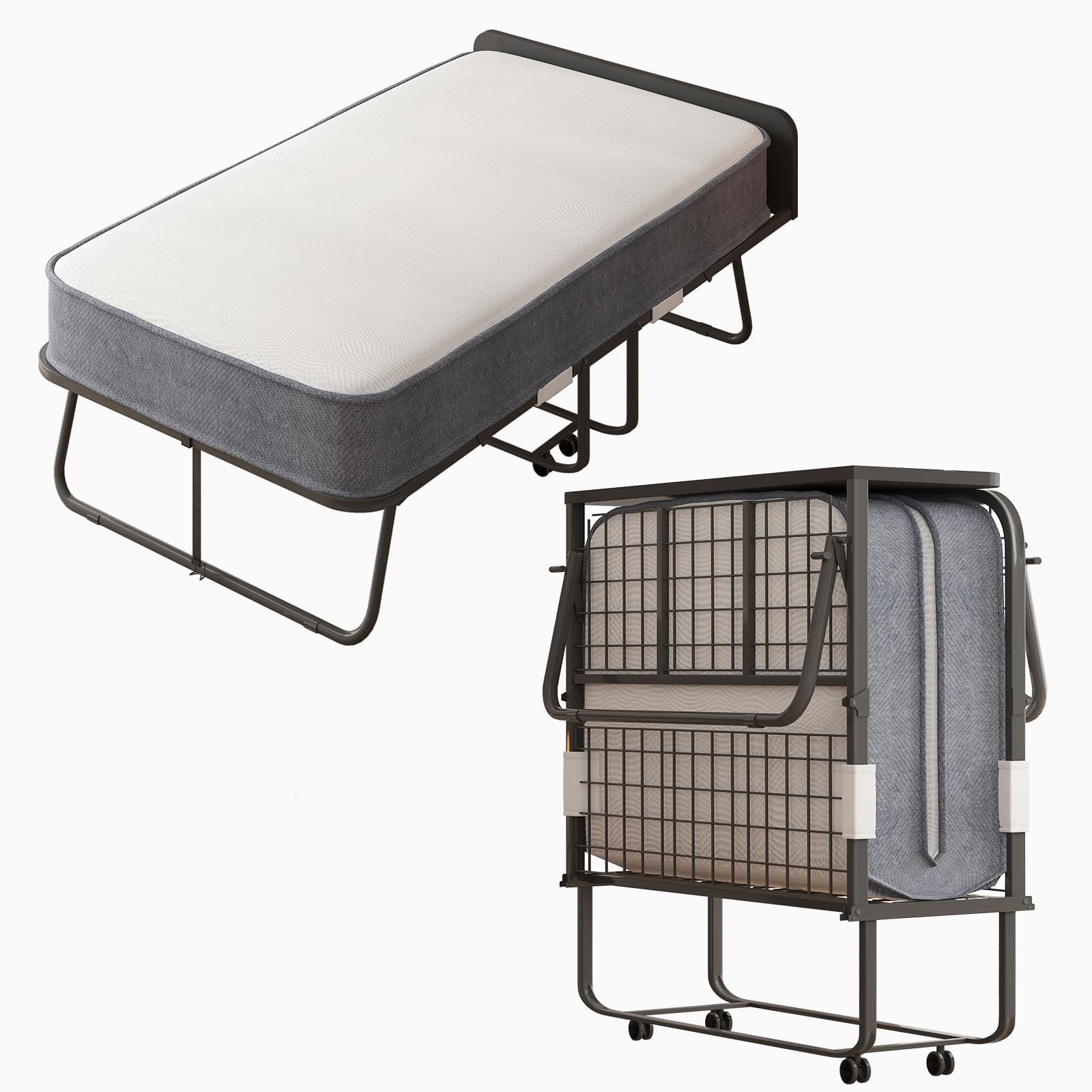 Horgaeo Folding Bed with 5 Inch Mattress Twin Size Portable Foldable Guest Bed with Headboard for Adults, Fold Up Rollaway Bed with Metal Frame and Dust Cover, Space Saving, 75 x 31
