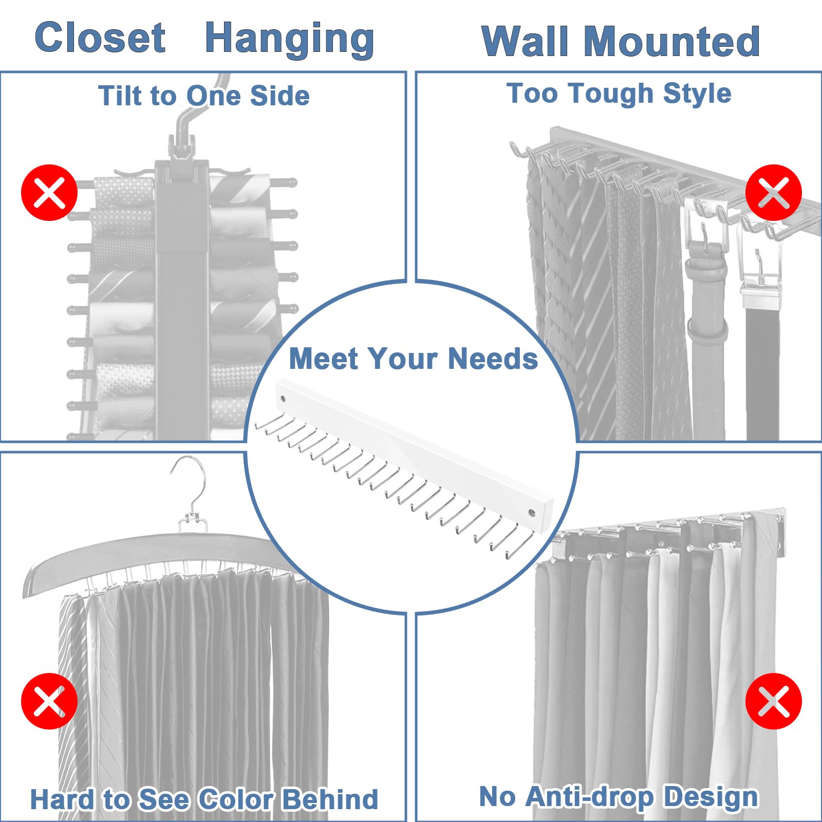Tie Rack Wall Mounted Belt Hanger, 360° Rotating Tie Hanger Belt Organizer 20 Storage Hooks for Belt, Ties, Purse, Scarves, Tank Top, Hats, Medals