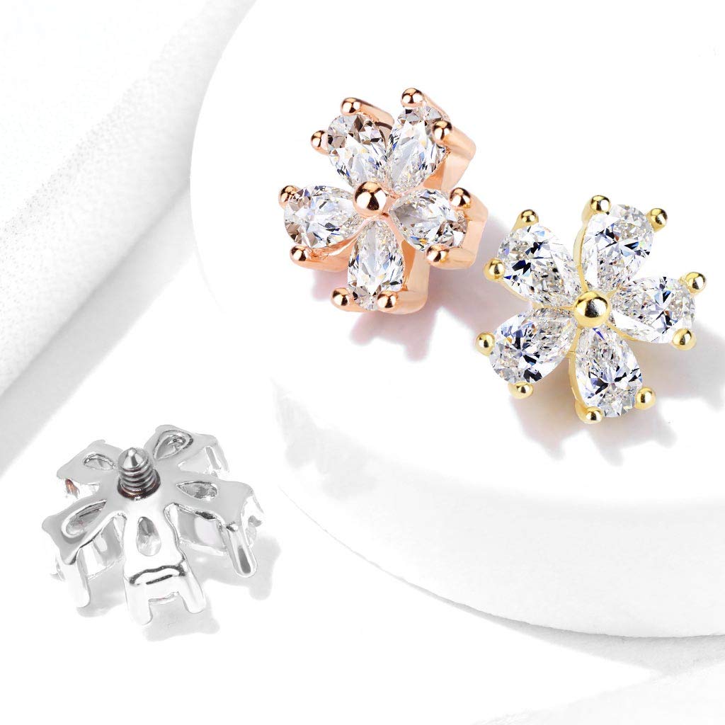 FIFTH CUE 14G Five Pear CZ Flower 316L Surgical Steel Internally Threaded Dermal Anchor Top (Gold/Clear)