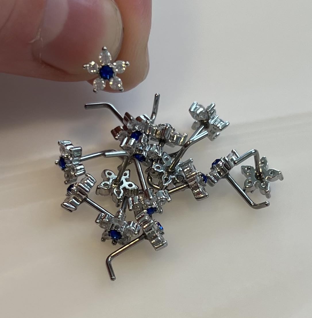 FIFTH CUE 20G 6 CZ Flower Top 316L Surgical Steel L Bend Stud Nose Ring (Clear/Blue)