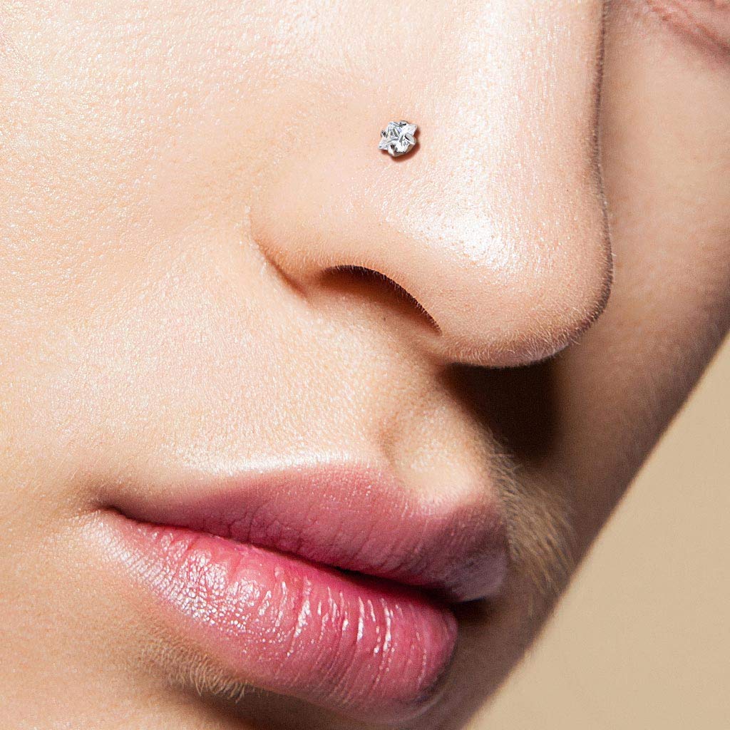 FIFTH CUE Prong Set Square Diamond CZ Solid Grade 23 Titanium L Bend Stud Nose Ring (18G | 1/4" (6mm) | 3x3mm CZ)