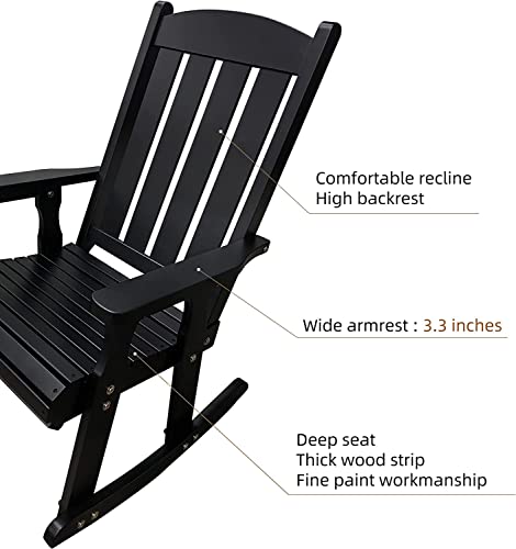 Wooden Rocking Chair with Comfortable Backrest Inclination, High Backrest and Deep Contoured Seat, Solid Fir Wood, Heavy Duty 600 LBS, for Both Outdoor and Indoor, Backyard, Porch and Patio (Black)
