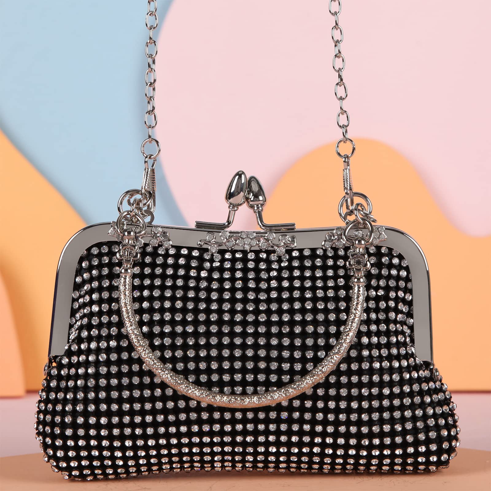 Fawziya Evening Clutch Bling Rhinestone Cute Kiss Lock Handle Soft Novelty Small Purses For Women Formal-Black