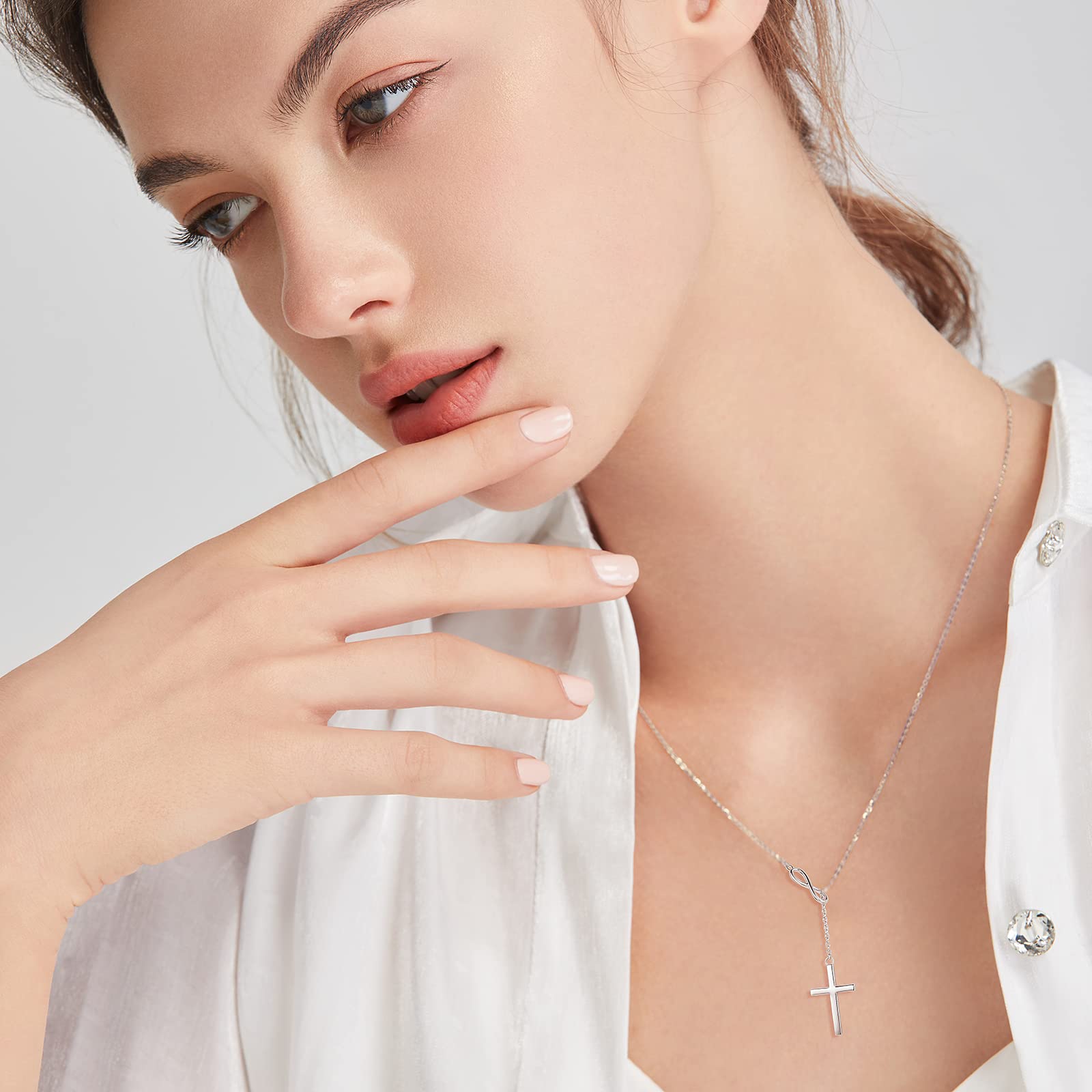 FANCIME White Gold Plated 925 Sterling Silver High Polished Infinity Cross Pendant Lariat Necklace Y Necklace Gift for Women, 18"