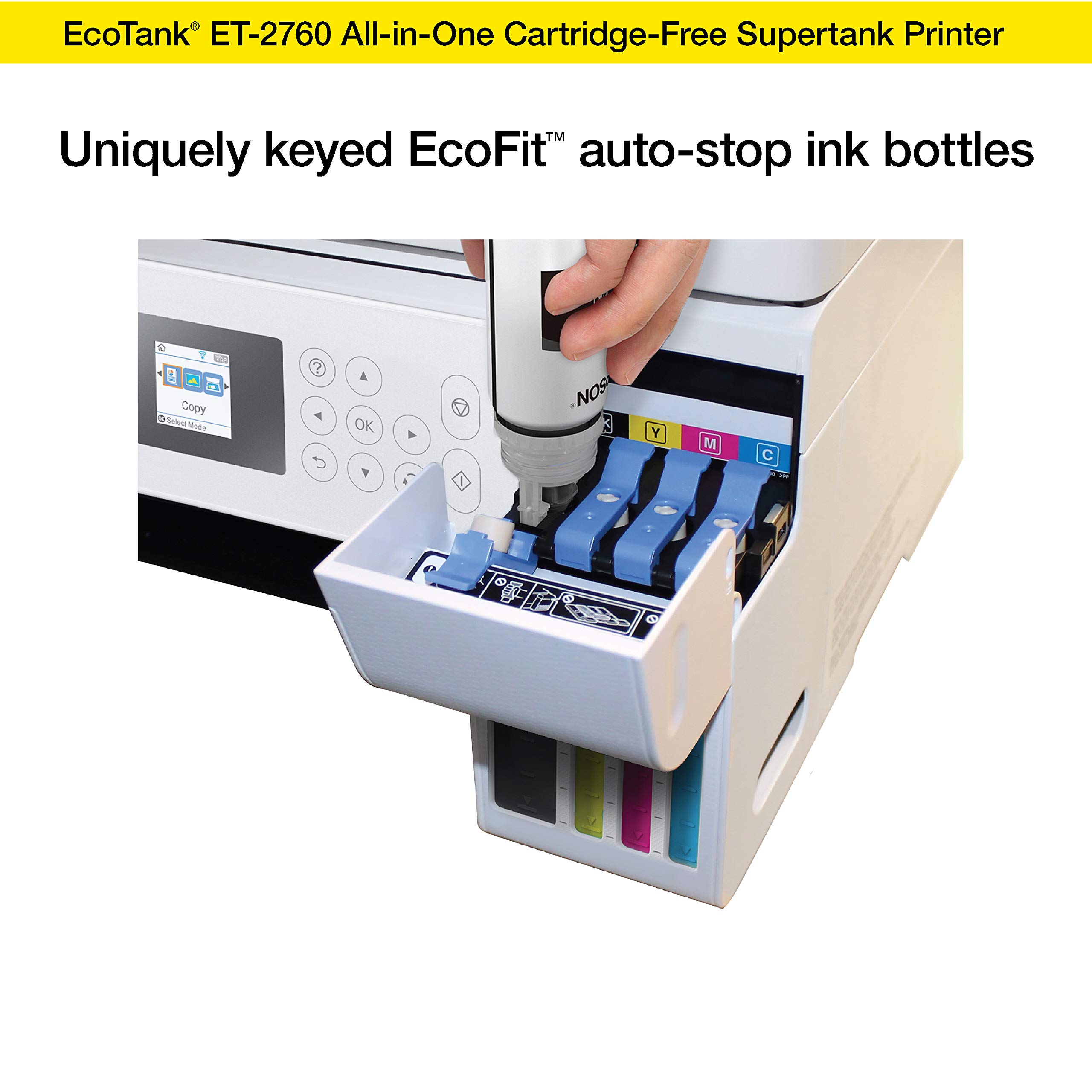 Epson EcoTank ET-2760 Wireless Color All-in-One Cartridge-Free Supertank Printer with Scanner and Copier. Full 1-Year Limited Warranty (Renewed Premium), Large, White