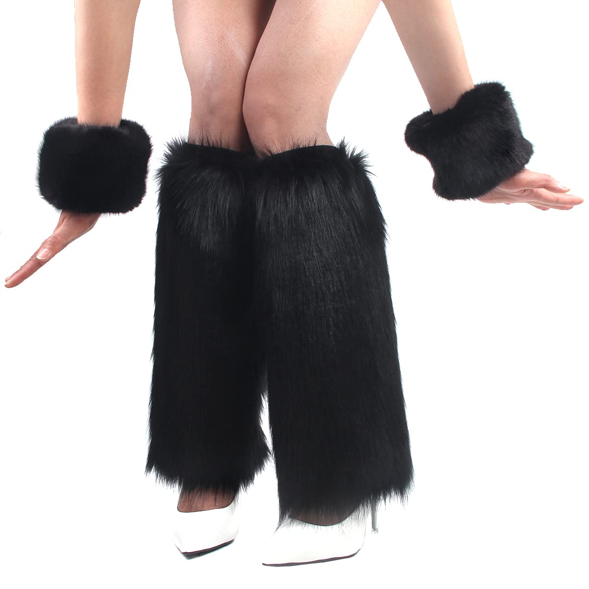 Faux Fur Cuffs Furry Leg Warmers and Wrist Cuff Warmer Boot Cuff,2 Pairs Set For Women Party Costumes