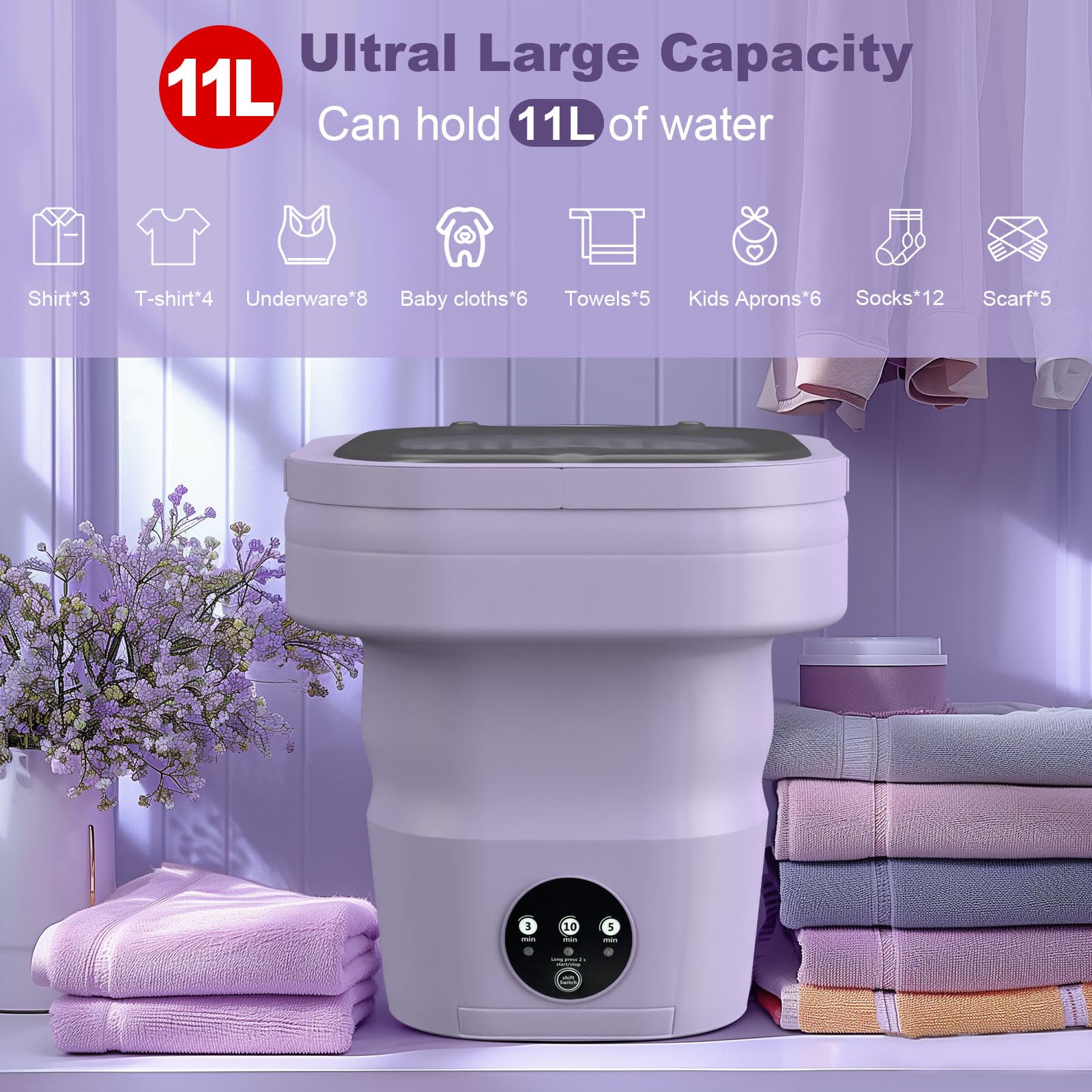 SEMONE Portable Washing Machine,11L Folding Mini Washer with 3 Modes Deep Cleaning of underwear, baby clothes, Foldable Washing Machine for apartments, dormitories, hotel, WSHG123