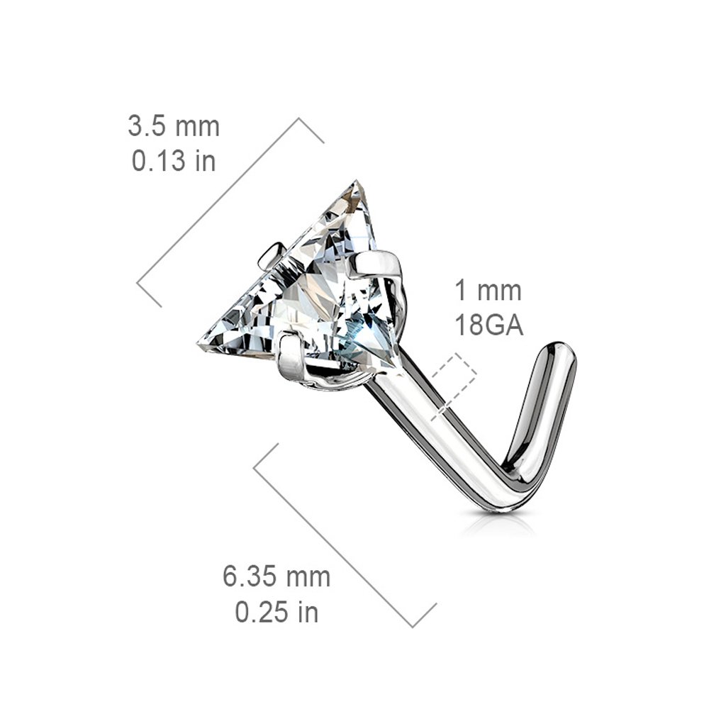 FIFTH CUE Triangle CZ Top 316L Surgical Steel L Bend Stud Nose Ring (18G | 1/4" (6mm) | 3.5mm)