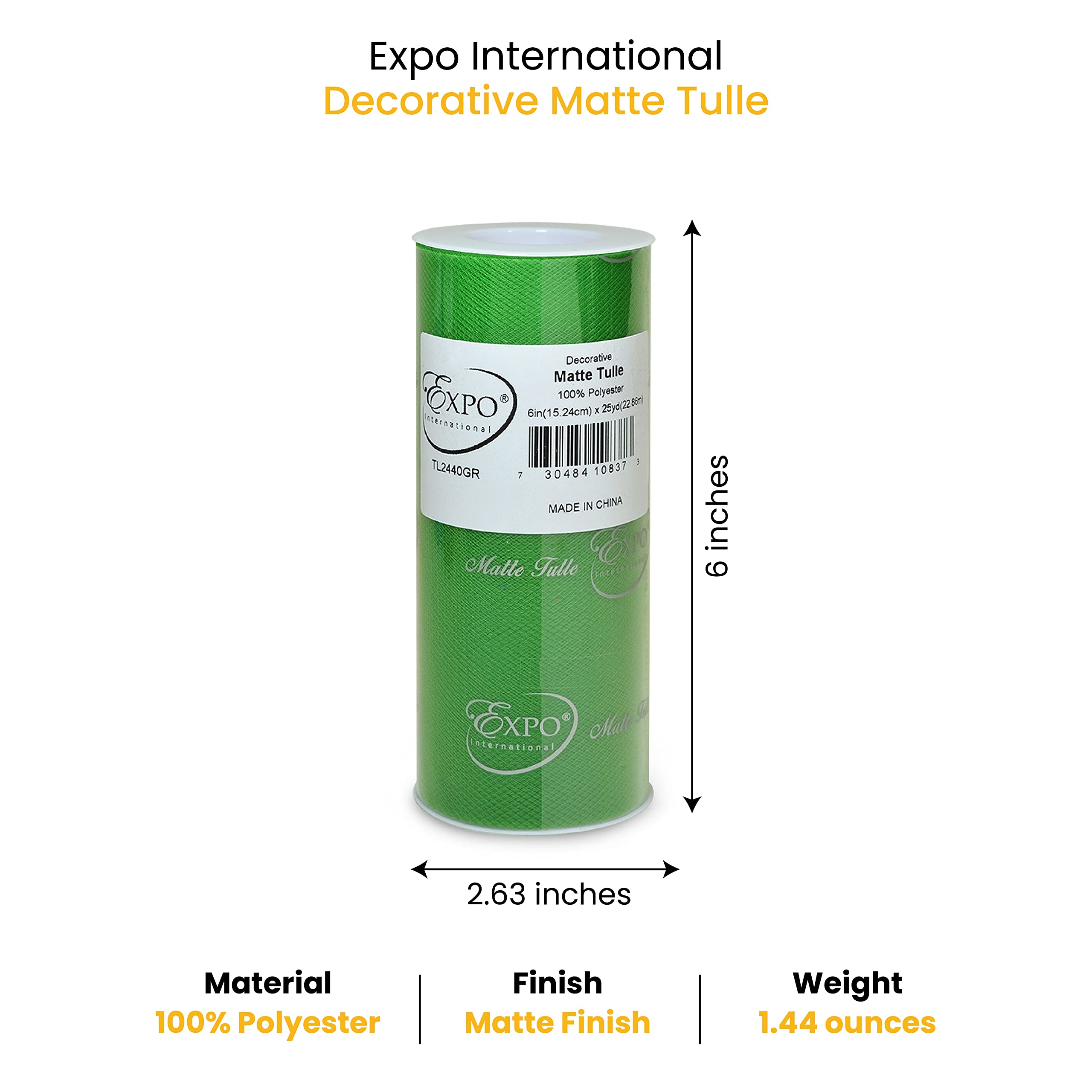 Expo International Decorative Matte Tulle, Roll/Spool of 6β X 25 Yards, Lightweight Polyester Tulle Fabric for Tutus, Costumes, and Party Decorations, Washable, Easy-to-Use, Pack of 1, Green