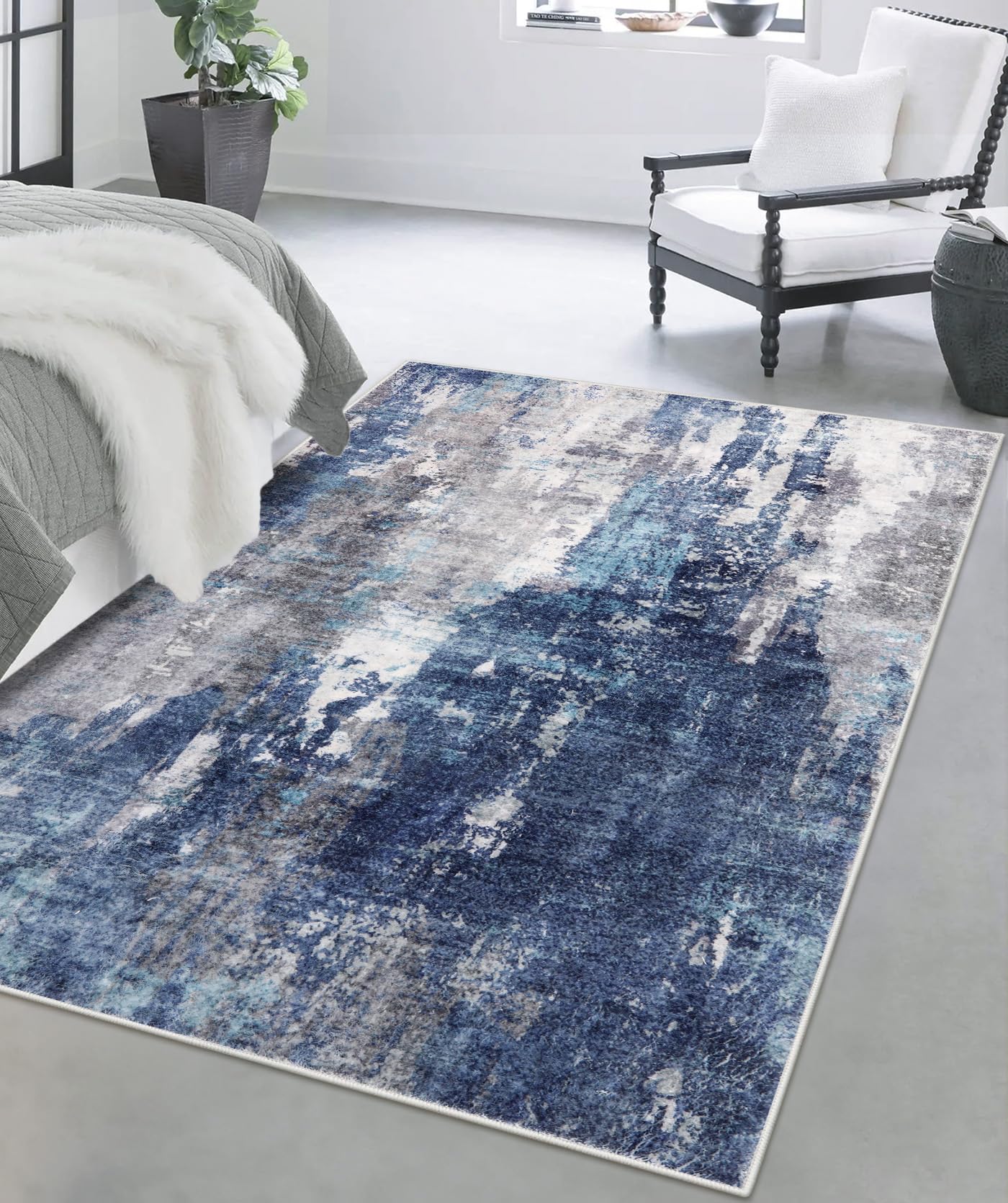Uphome 5x7 Living Room Rug, Modern Washable Rug for Bedroom, Abstract Soft Non-Slip Dining Room Rug, Blue Aesthetic Foldable Indoor Carpet for Nursery Kitchen Playroom