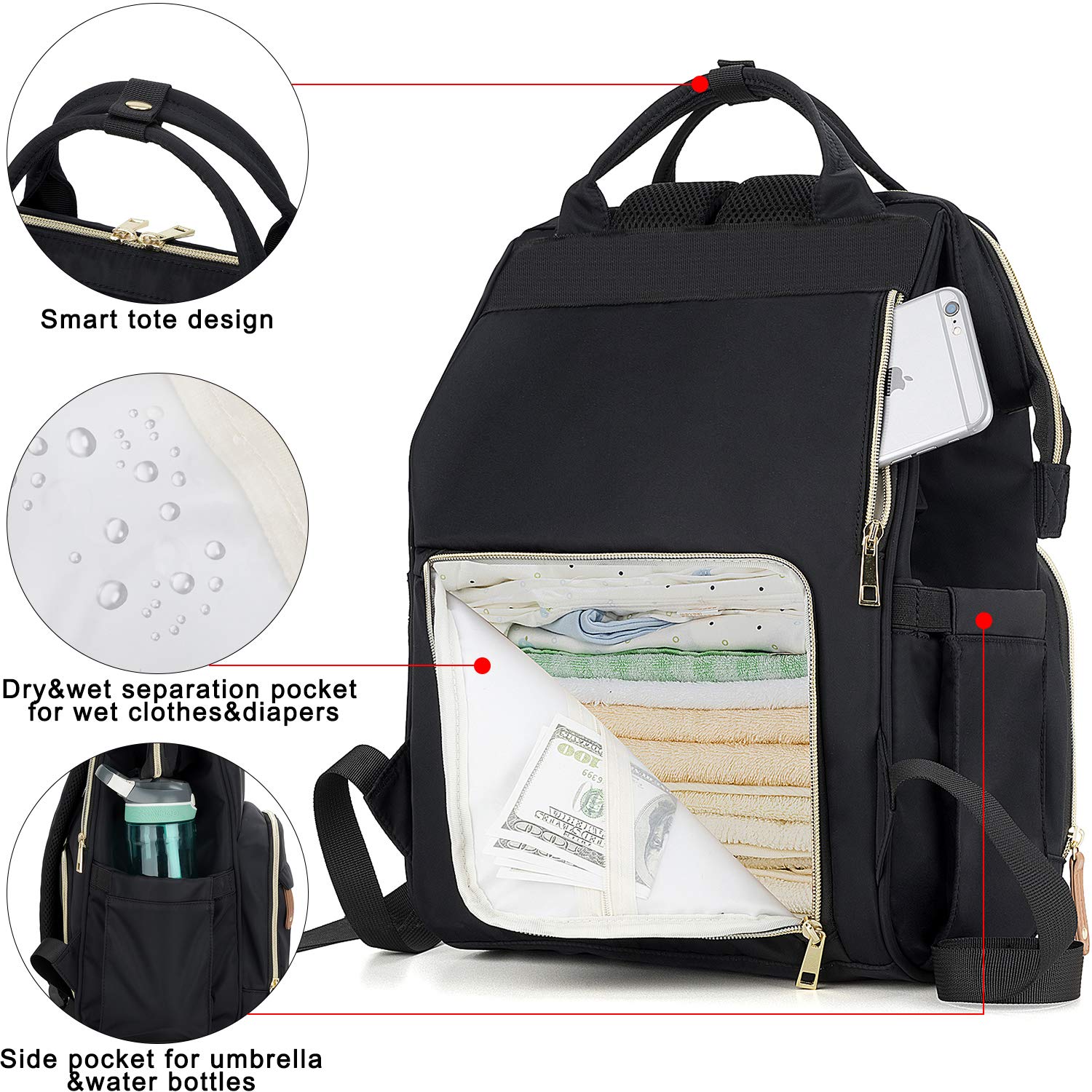 FANCYOUT Diaper Bag Backpack with USB Charging Port and Stroller Straps, Maternity Nappy Bag with Insulated Feeding Bottle Pocket (Black)