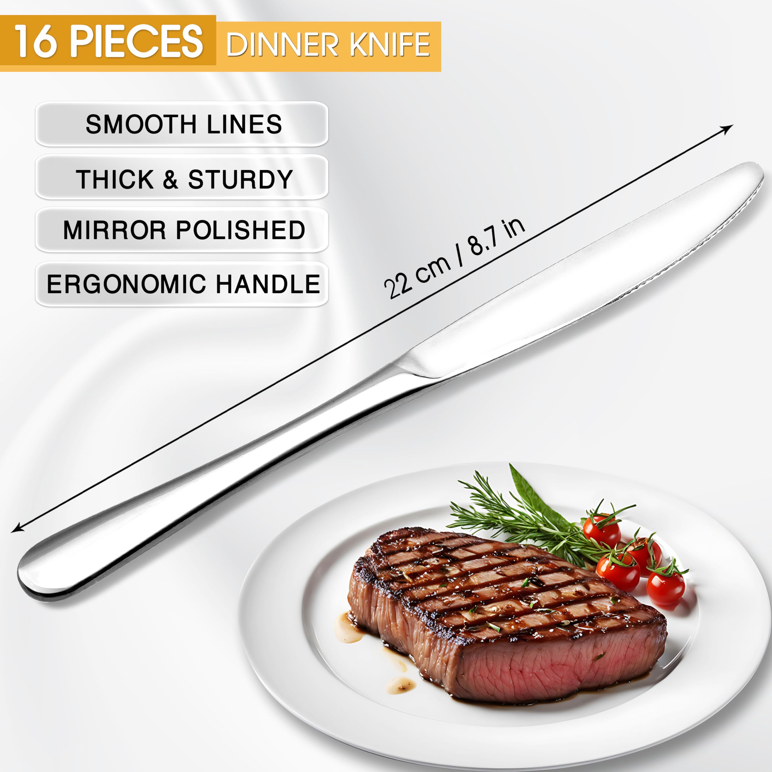 Senadore Stainless Steel Dinner Knife - Knife Set of 16 - Mirror Finish and Dishwasher Safe - 8.7" Dinner Knives for Casual and Formal Occasions (Casual Luxury)