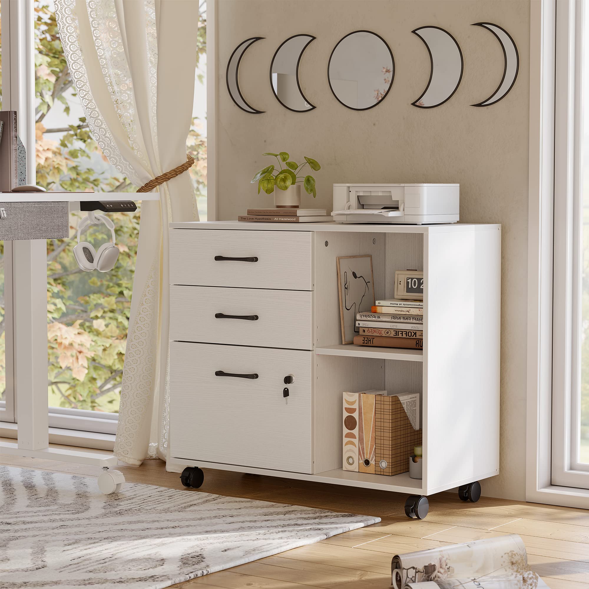FEZIBO 48 * 24 Inches Height Adjustable Desk with 3-Drawer Mobile File Cabinet