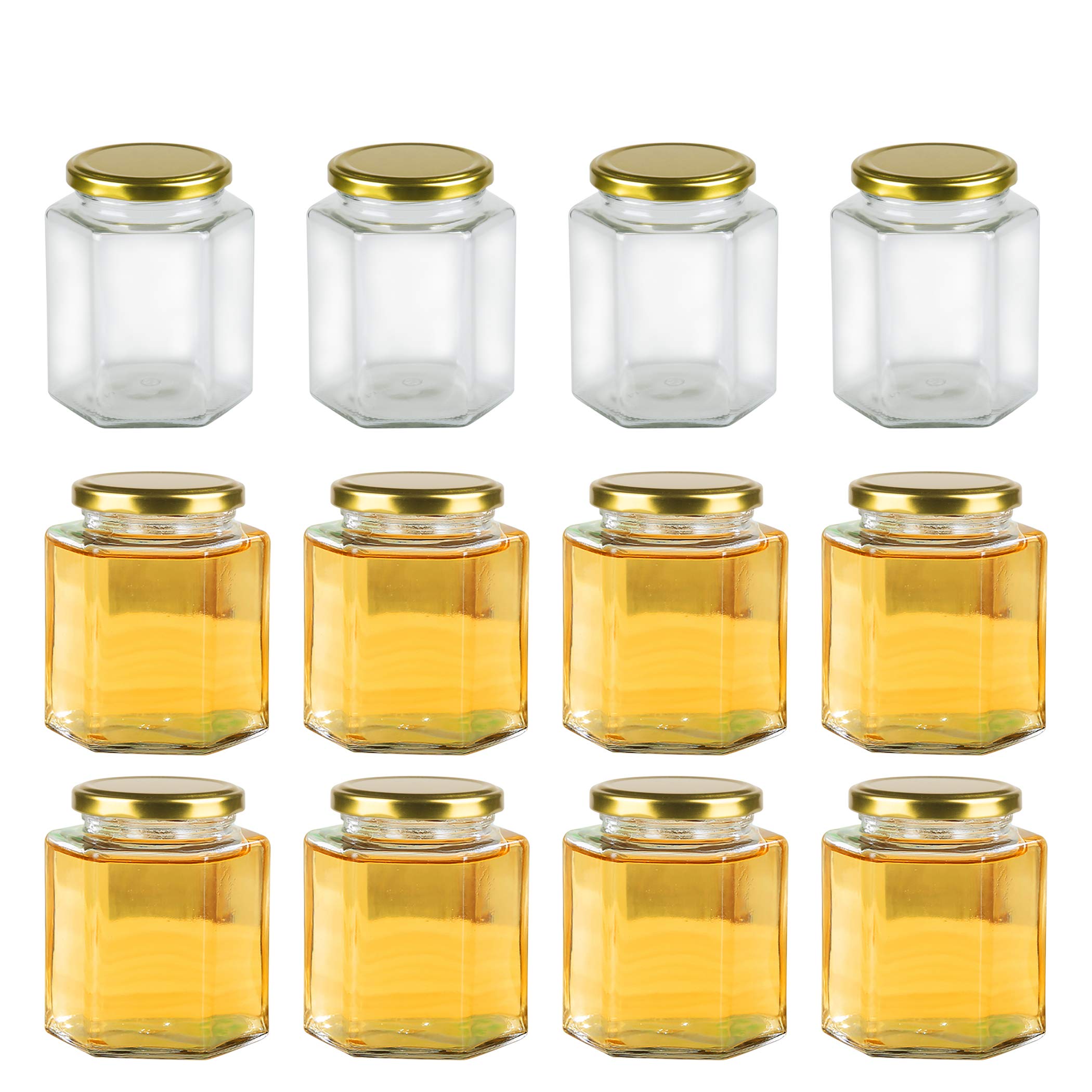 Encheng 16 oz Clear Hexagon Jars,Glass Jars With Lids(Golden),Mason Jars For Honey,Foods,Jams,Liquid,Spice Jars Herd Jars Canning Jars For Storage 12 Pack