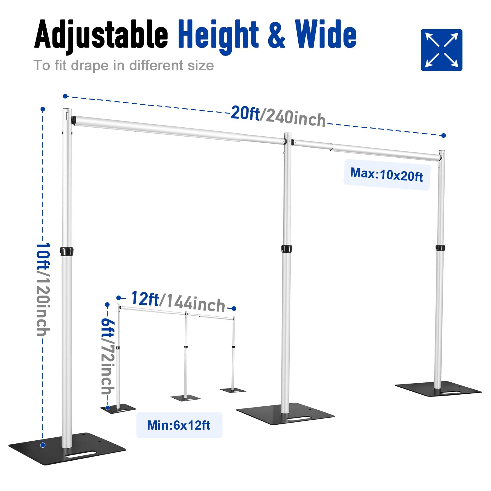 Hecis, Portable Pipe and Drape Backdrop Stand with Crossbar, Adjustable Backdrop Kit for Event, Party, Trade Shows and Wedding Decor, 10FTX20FT Backdrop Frame