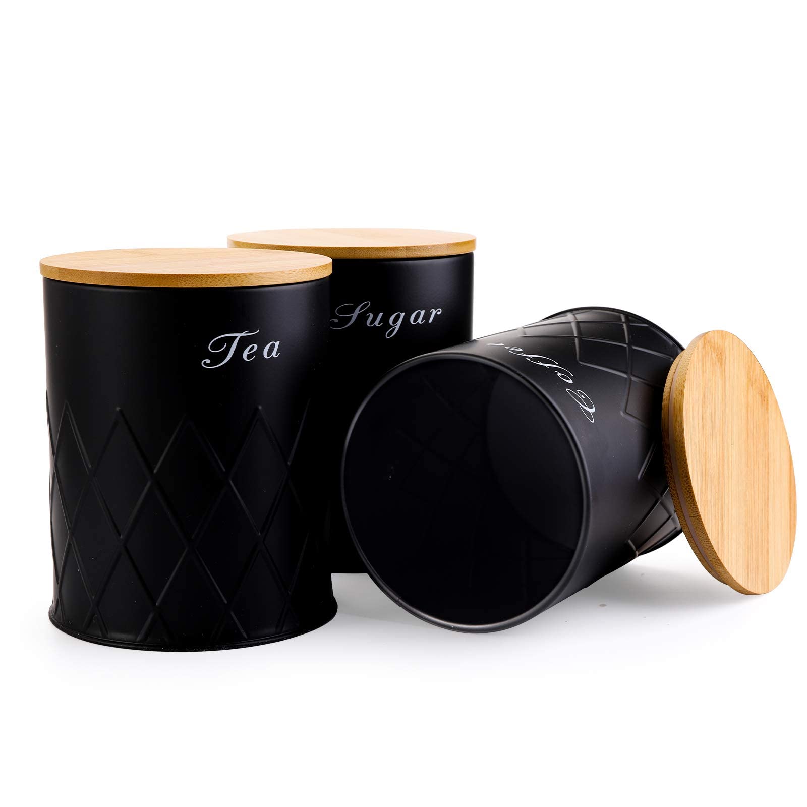 Fasmov 3 Pack Kitchen Canister Set, Coffee, Sugar, and Tea Storage Container Jars with Bamboo Lids for storing Sugar, Coffee and Tea, Black