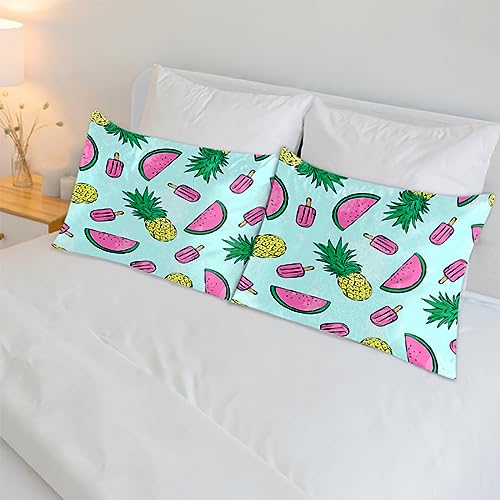 Pineapple Watermelon Popsicle Satin Pillow Cases Silk Satin Pillowcase for Hair and Skin Standard Set of 2 Super Soft Silk Pillowcase with Envelope Closure (20x26 in)