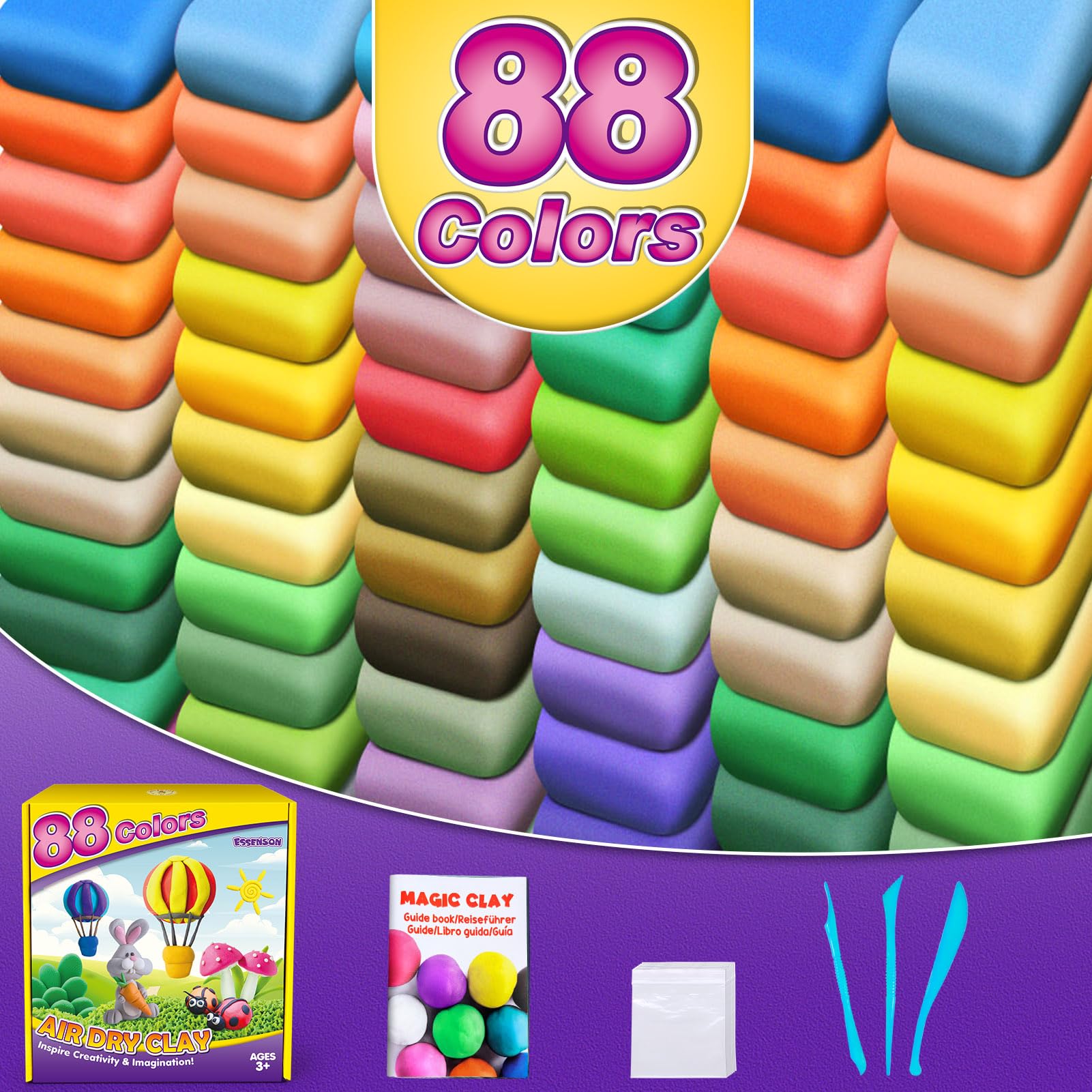 ESSENSON Air Dry Clay 88 Colors, Modeling Clay for Kids, DIY Molding Magic Clay, Gift for Kids