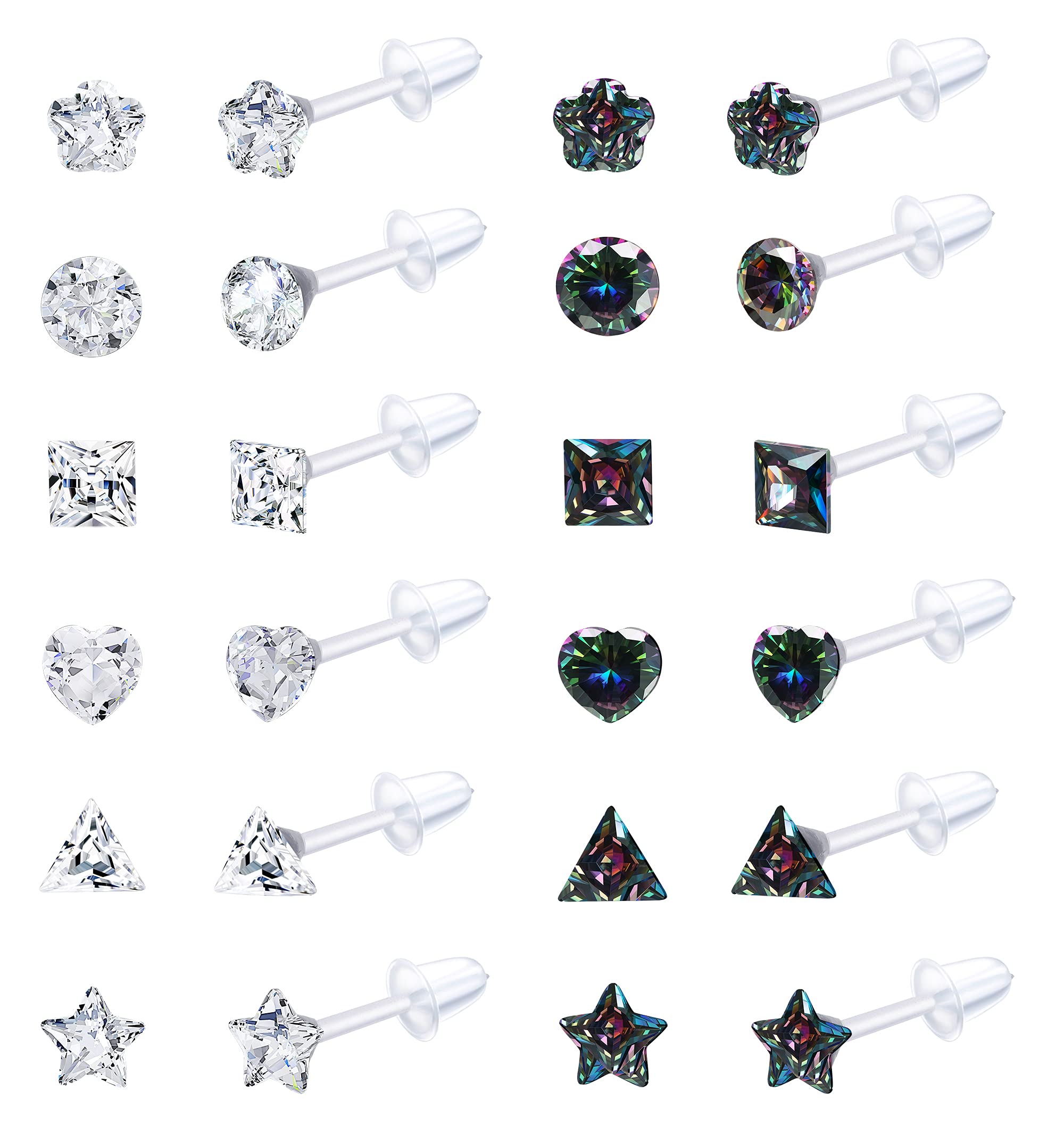 FIBO STEEL 12Pairs Clear Plastic Studs Earrings for Women Acrylic Post Round Square CZ Star Heart Rhinestone Ear Studs Piercing Retainers Gold CZ (AB cz)