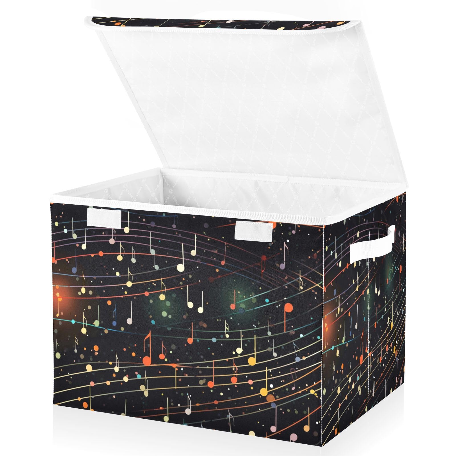 TecEr Musical-notes-black Large Fabric Foldable Storage Bins with Lids and Handle, Decorative Storage Box Cube for Shelves Closet Home Bedroom Office