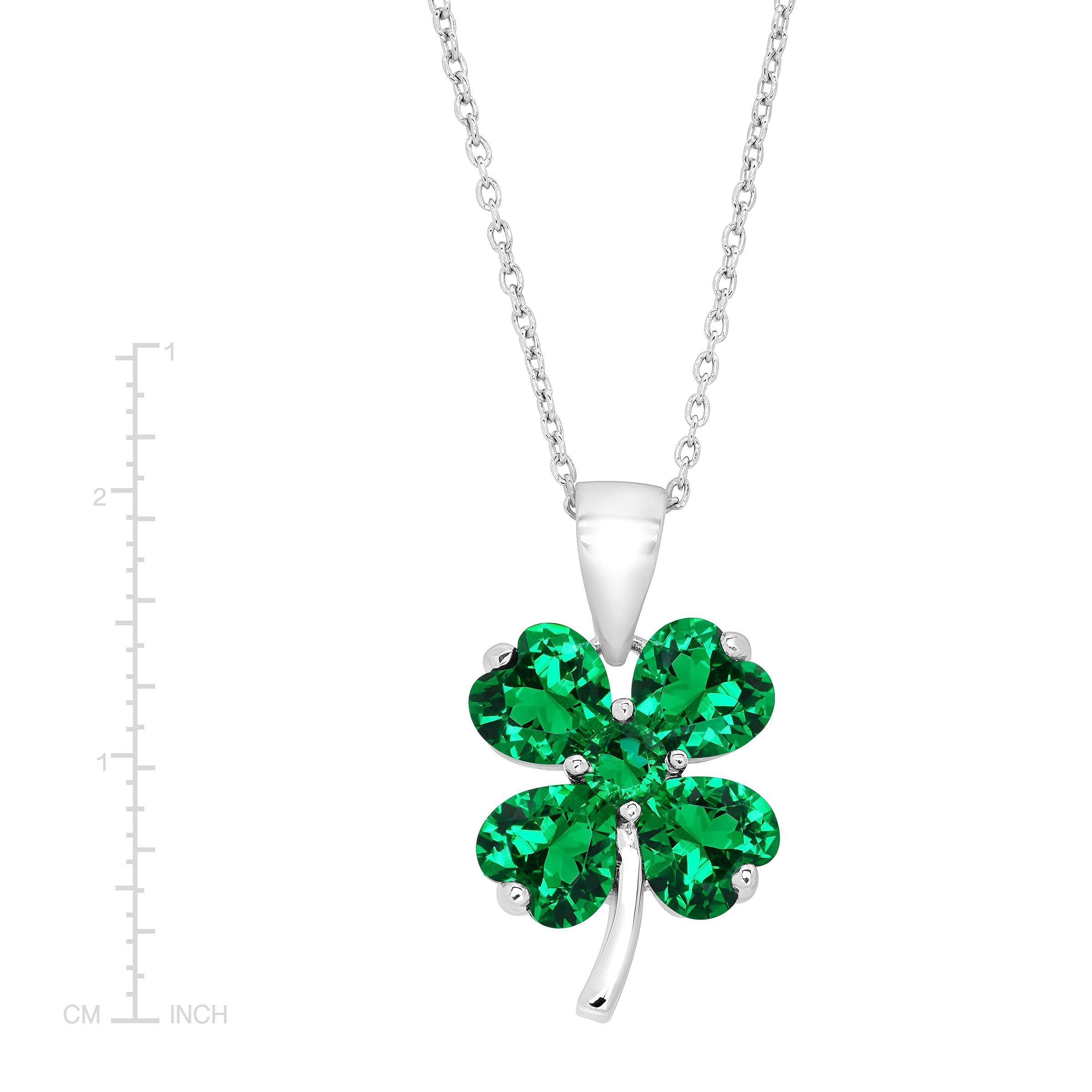 Finecraft Shamrock Clover Pendant Necklace with Green Cubic Zirconia in Sterling Silver, 18"