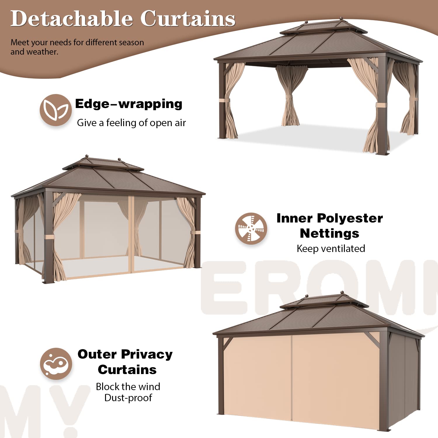 EROMMY 10' x 13' Hardtop Gazebo Double Roof Galvanized Steel Canopy Outdoor Aluminum Frame Permanent Metal Pavilion with Netting and Curtains for Patio Backyard Deck and Lawns