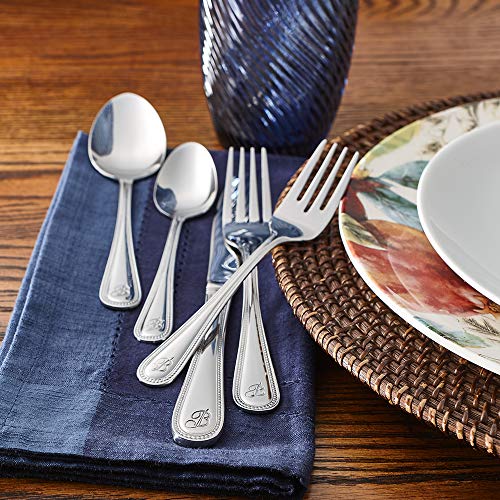 RiverRidge Monogrammed Beaded Flatware Set - L - 46-Piece Silverware with Custom Letter Stamp, 18/0 Stainless Steel Utensils Set for Daily Use & Special Occasions - Dishwasher Safe, Versatile Design