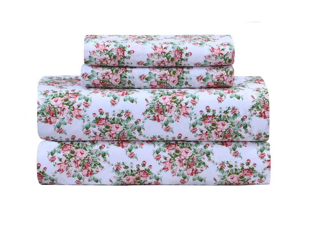 Feather & Stitch Softest 100% Cotton Sheets, 300 Thread Count Percale Weave Bedding, 16" Deep Pocket, Cooling Sheets, Breathable Bed Set, Hotel Premium Quality (King, Floral)