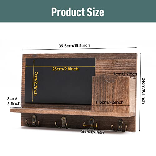 NUKied Key Holder for Wall Decorative, Mail Organizer Wall Mount with 4 Double Key Hooks and Message Board, Rustic Wooden Key and Mail Holder for Wall, Home Decor for Entryway, Hallway, Brown